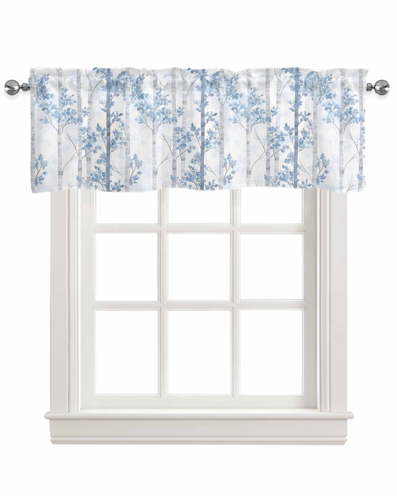 Blue Ombre Leaves Kitchen Valances for Windows Farmhouse Linen Window ...