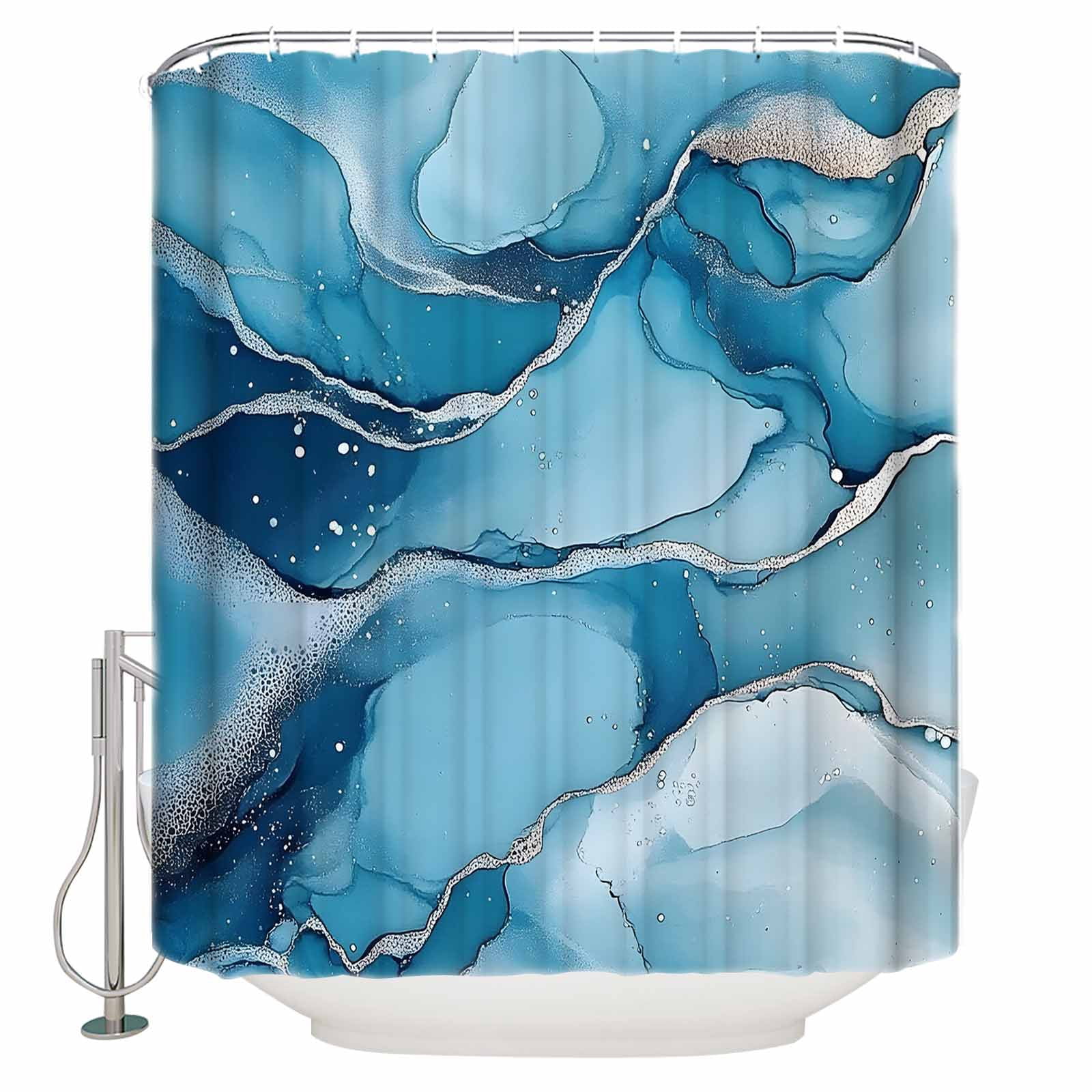 Blue Ombre Marble Bathroom Shower Curtains with 12 Hooks Polyester ...