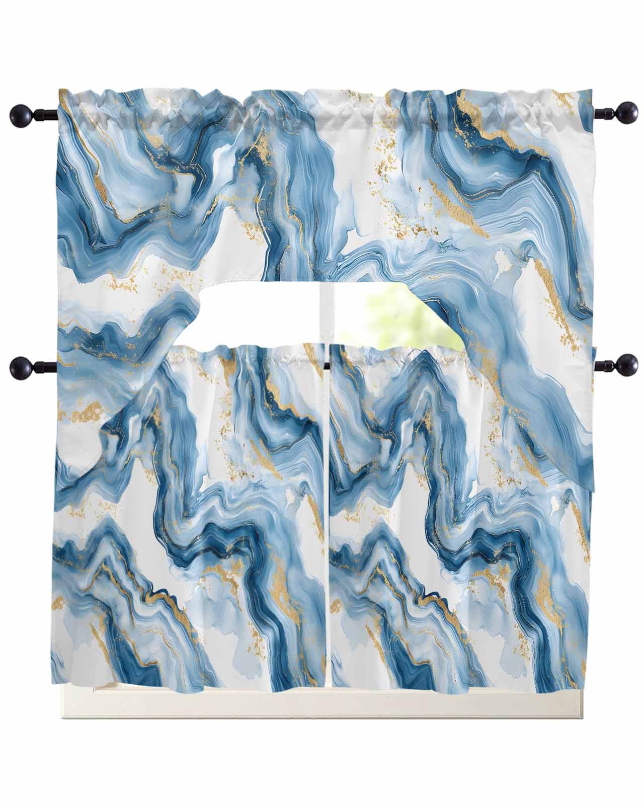 Blue Ombre Marble Kitchen Curtains Swag Valance and Tier Curtains Set ...
