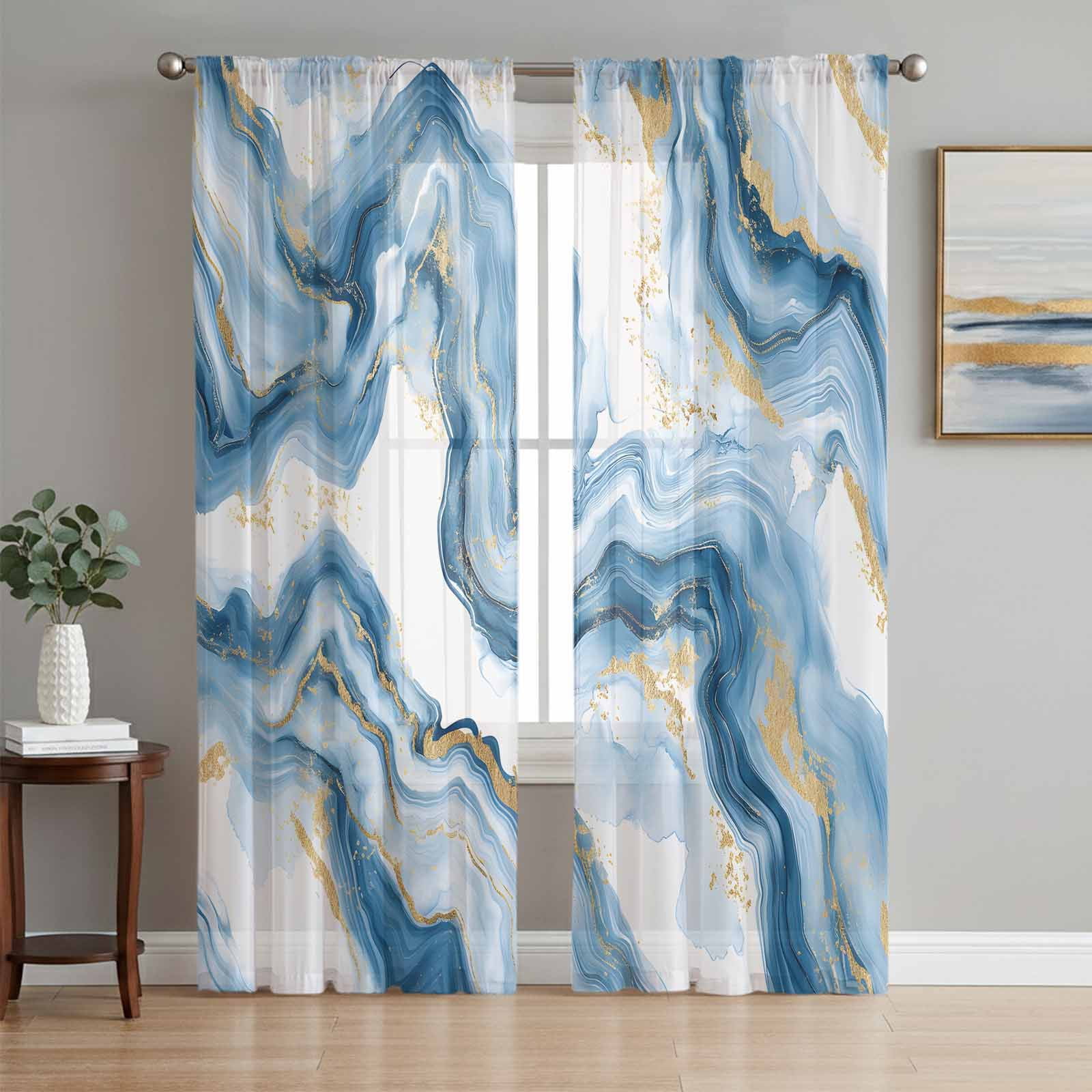 Blue Ombre Marble Sheer Curtains 96 Inch Length 2 Panels Set, Modern ...