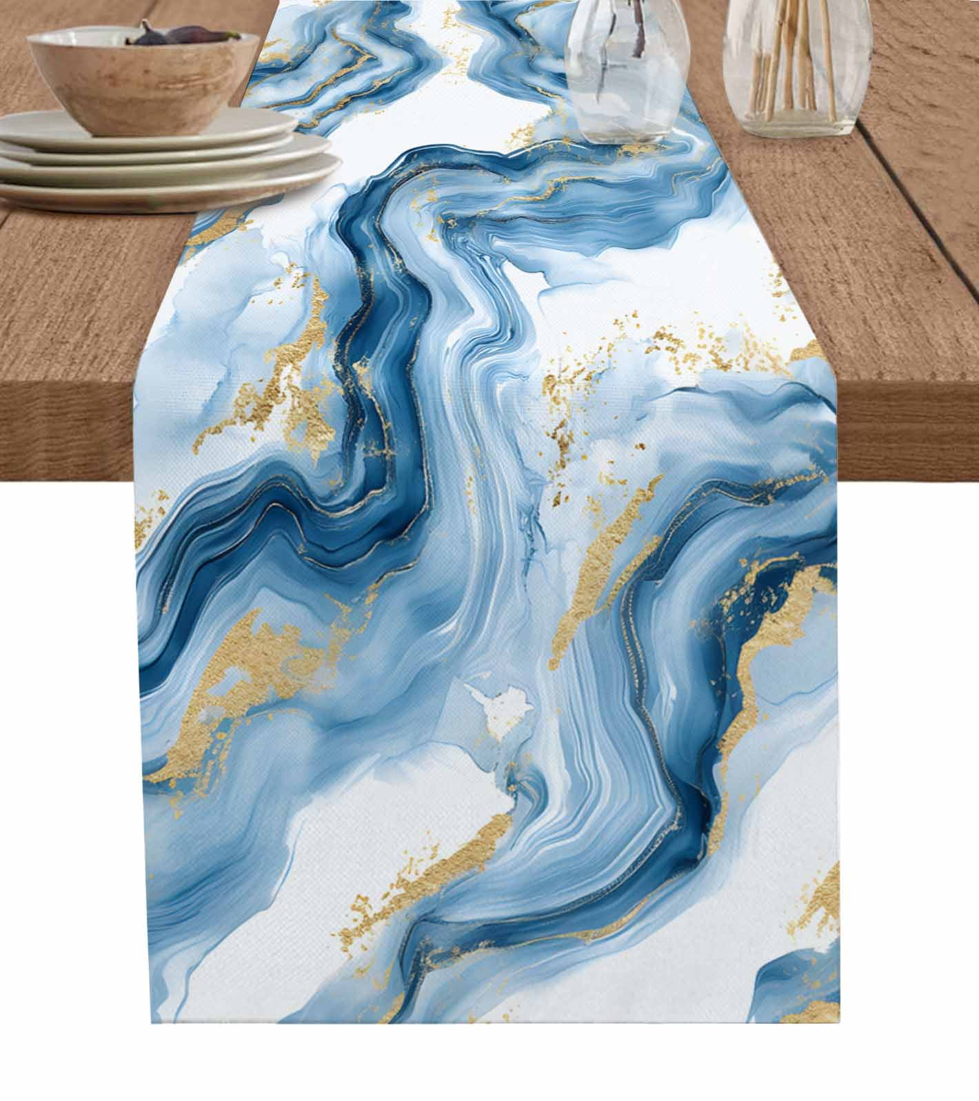 Blue Ombre Marble Table Runner 72 Inches, Modern Marble Abstract ...