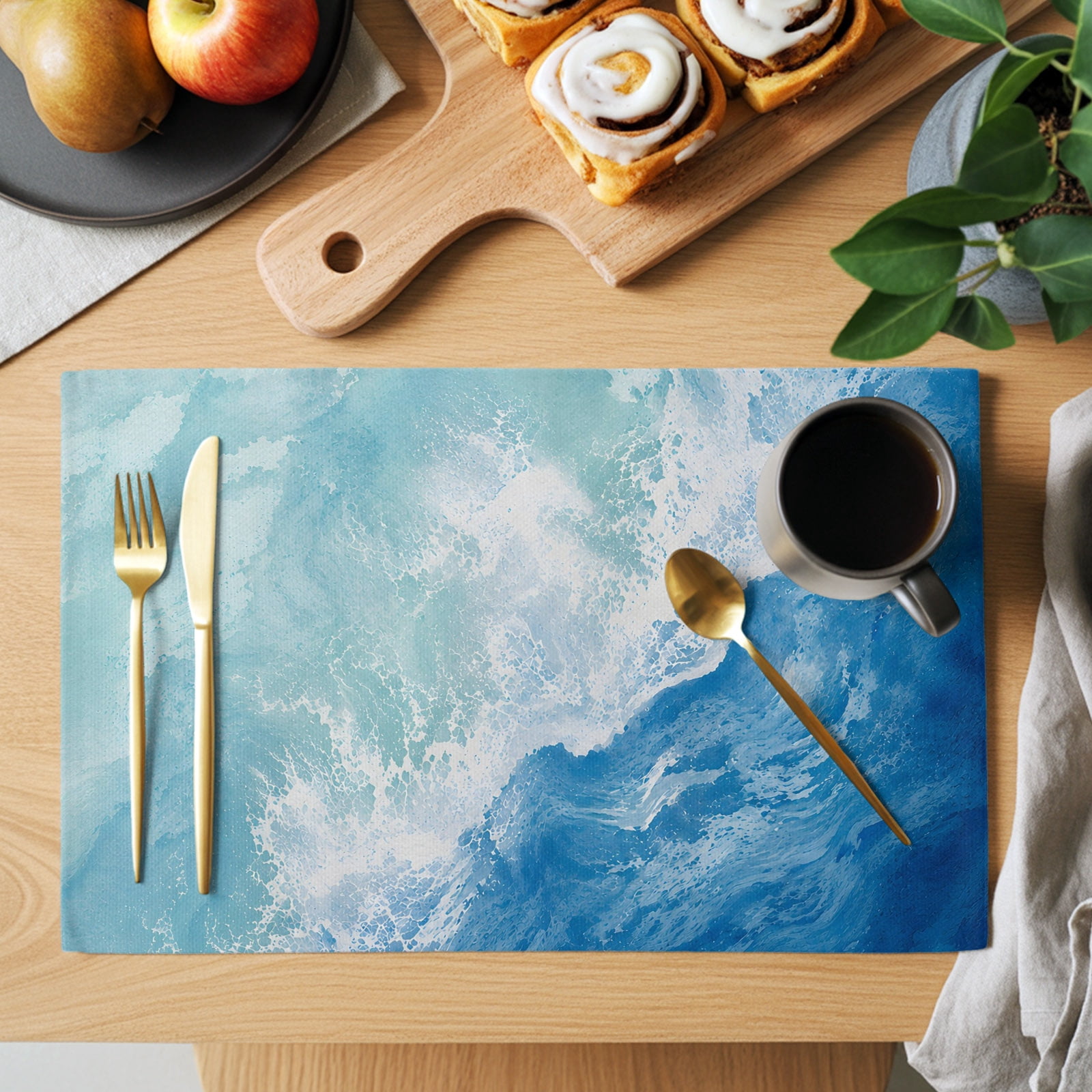 Blue Ombre Ocean Placemats Set of 4 Teal Blue Swirling Sea Waves White ...