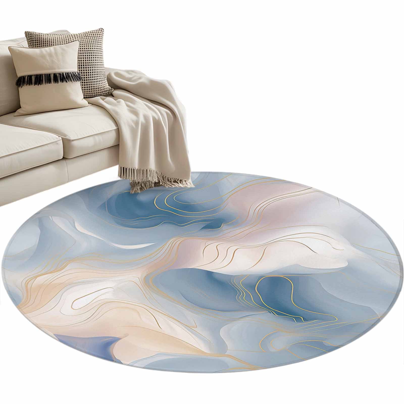 Blue Ombre Round Area Rug 4ft, Modern Geometric Yellow Lines Abstract ...