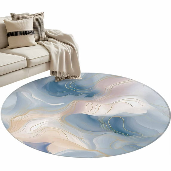 Blue Ombre Round Area Rug 4ft, Modern Geometric Yellow Lines Abstract ...