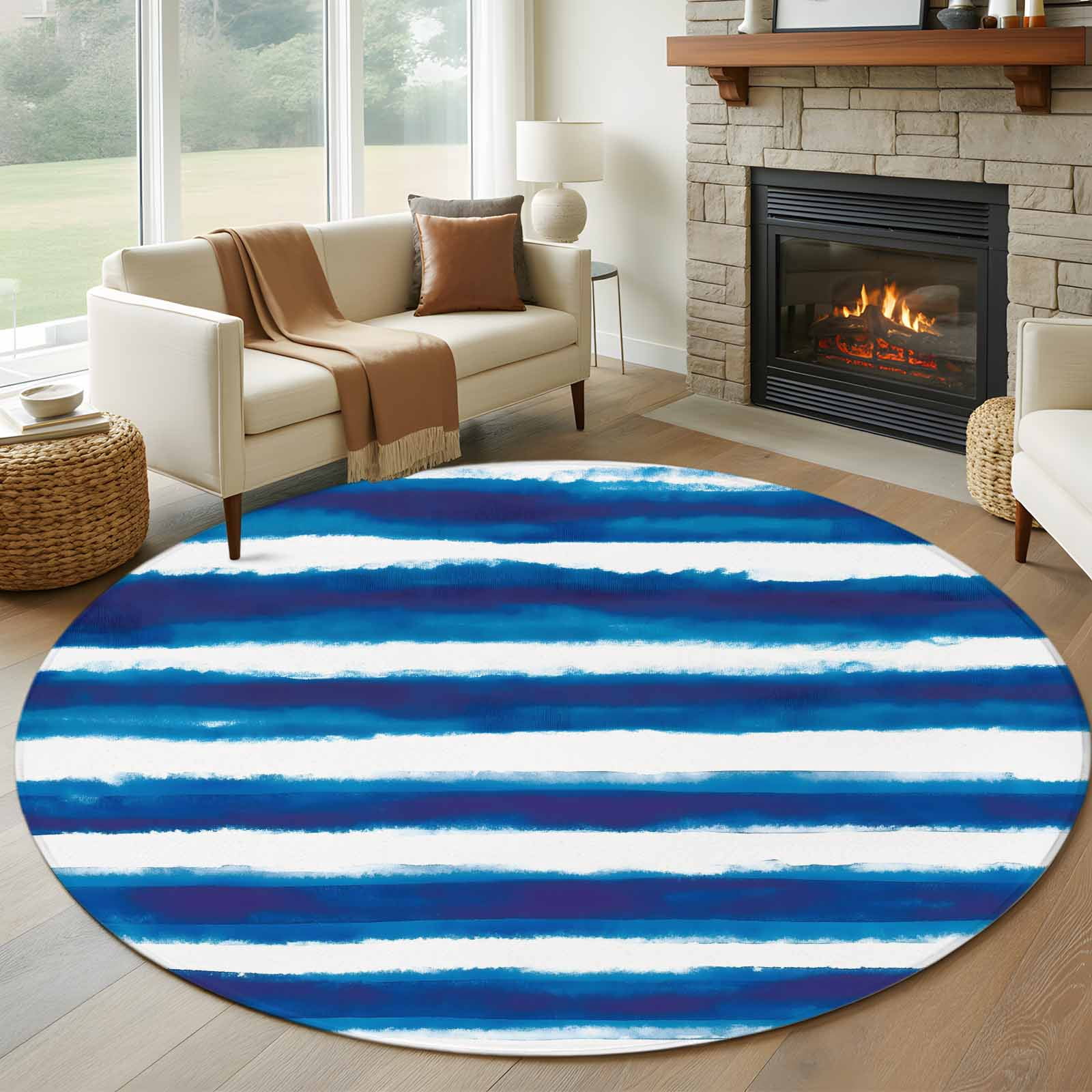 Blue Ombre Round Living Room Rugs 8 ft, Stripe Abstract Mottled Texture ...
