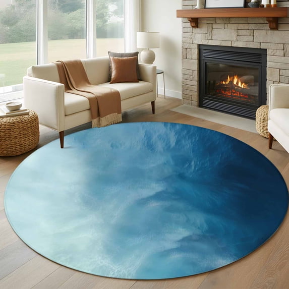 Blue Ombre Round Rug 6ft Washable Circle Kitchen Rugs Non Slip Coastal ...