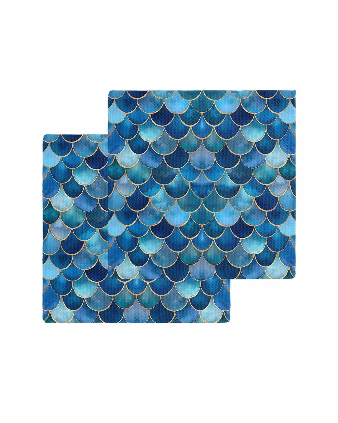 Blue Ombre Scale Kitchen Dish Towels for Drying Dishes Set of 2, Abstract Art Ocean Coastal ...