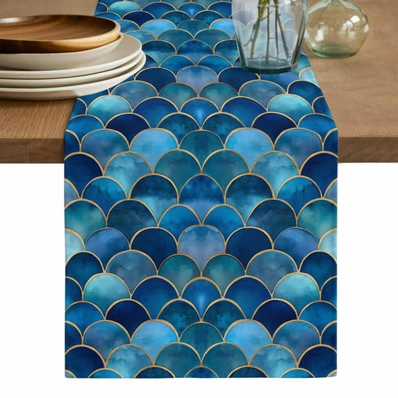Blue Ombre Scale Table Runner, Abstract Art Ocean Coastal Washable ...