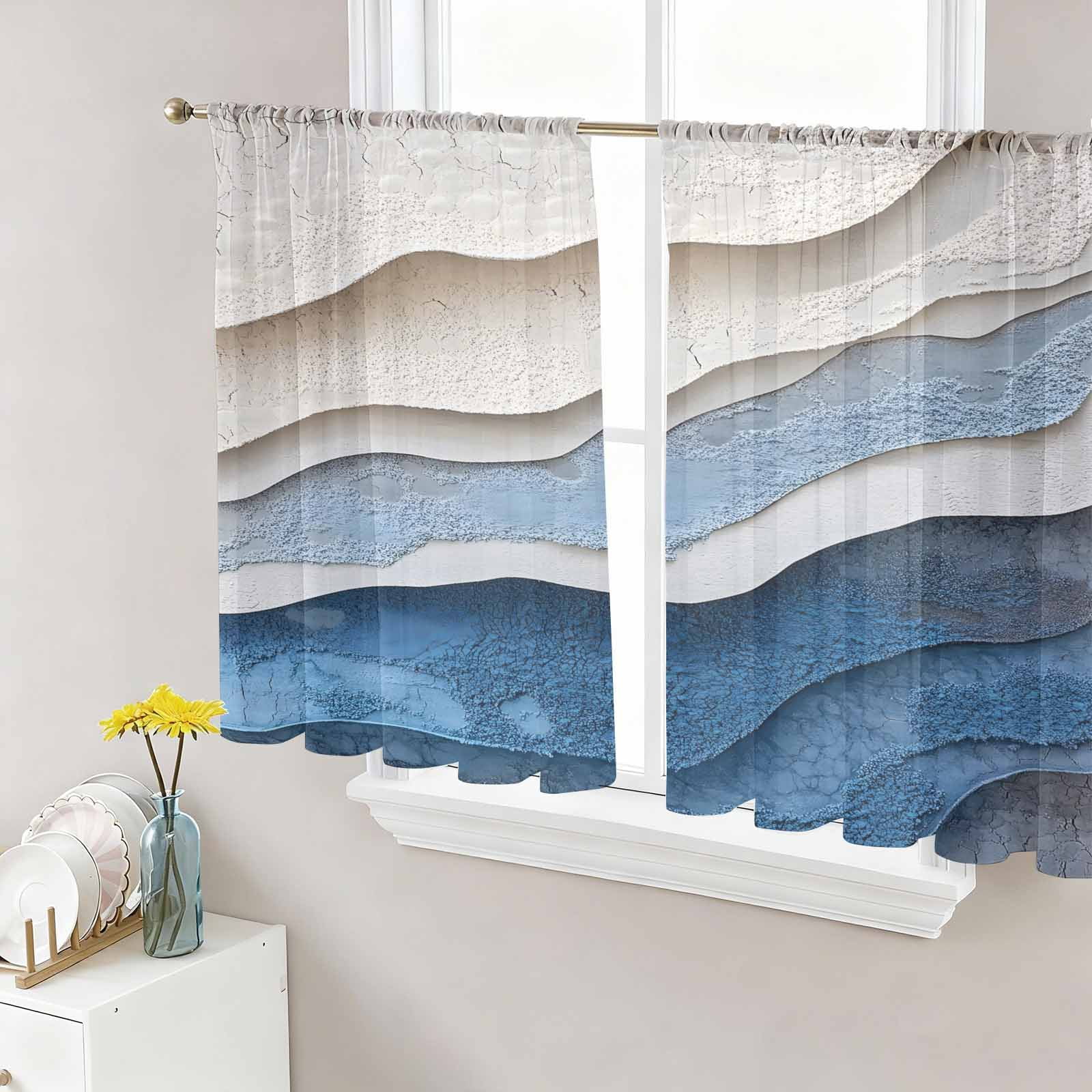 Blue Ombre Semi Sheer Curtains 45 Inch Length 2 Panels Set, Modern Wave ...