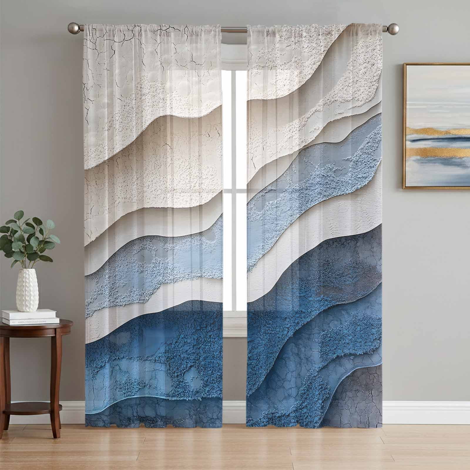 Blue Ombre Semi Sheer Curtains 96 Inch Length 2 Panels Set, Modern Wave ...