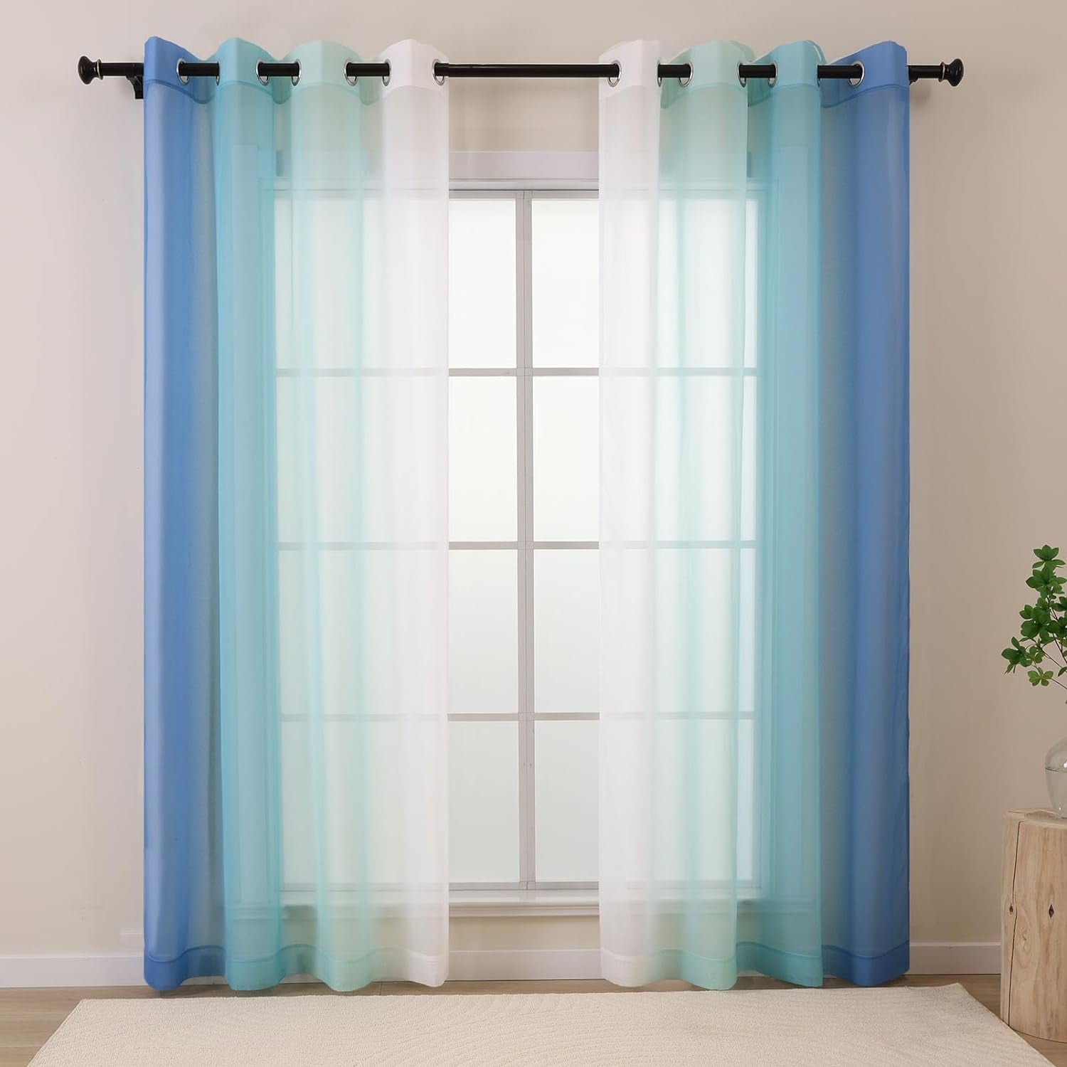 Blue Ombre Sheer Curtains 108 Inches Long for Living Room, Transparent Light Blue Curtains for ...