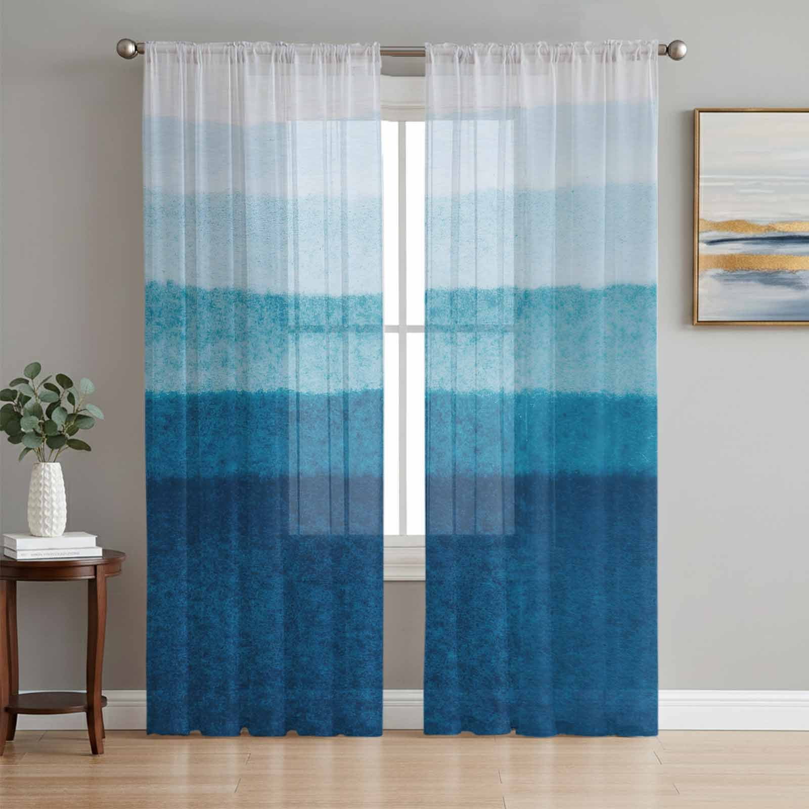 Blue Ombre Sheer Curtains 63 Inch Length 2 Panels Set, Ocean Waves ...