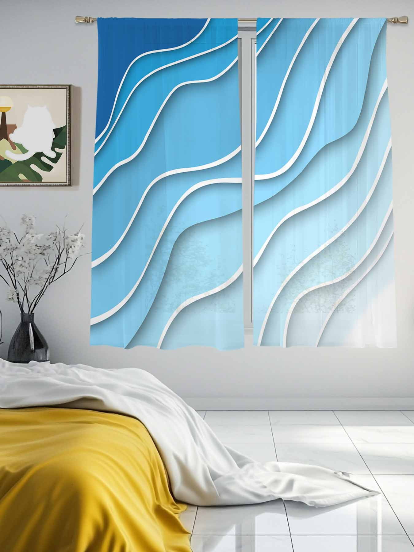 Blue Ombre Sheer Curtains 63 inches Long 2 Panels Set Abstract Sea ...