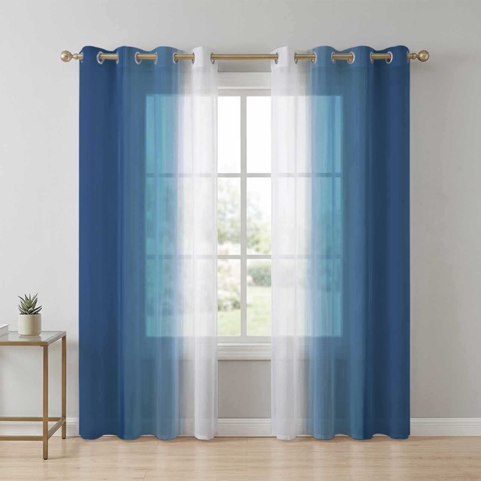 Blue Ombre Sheer Curtains 96 Inch Long 2 Panels, Abstract Navy Blue ...