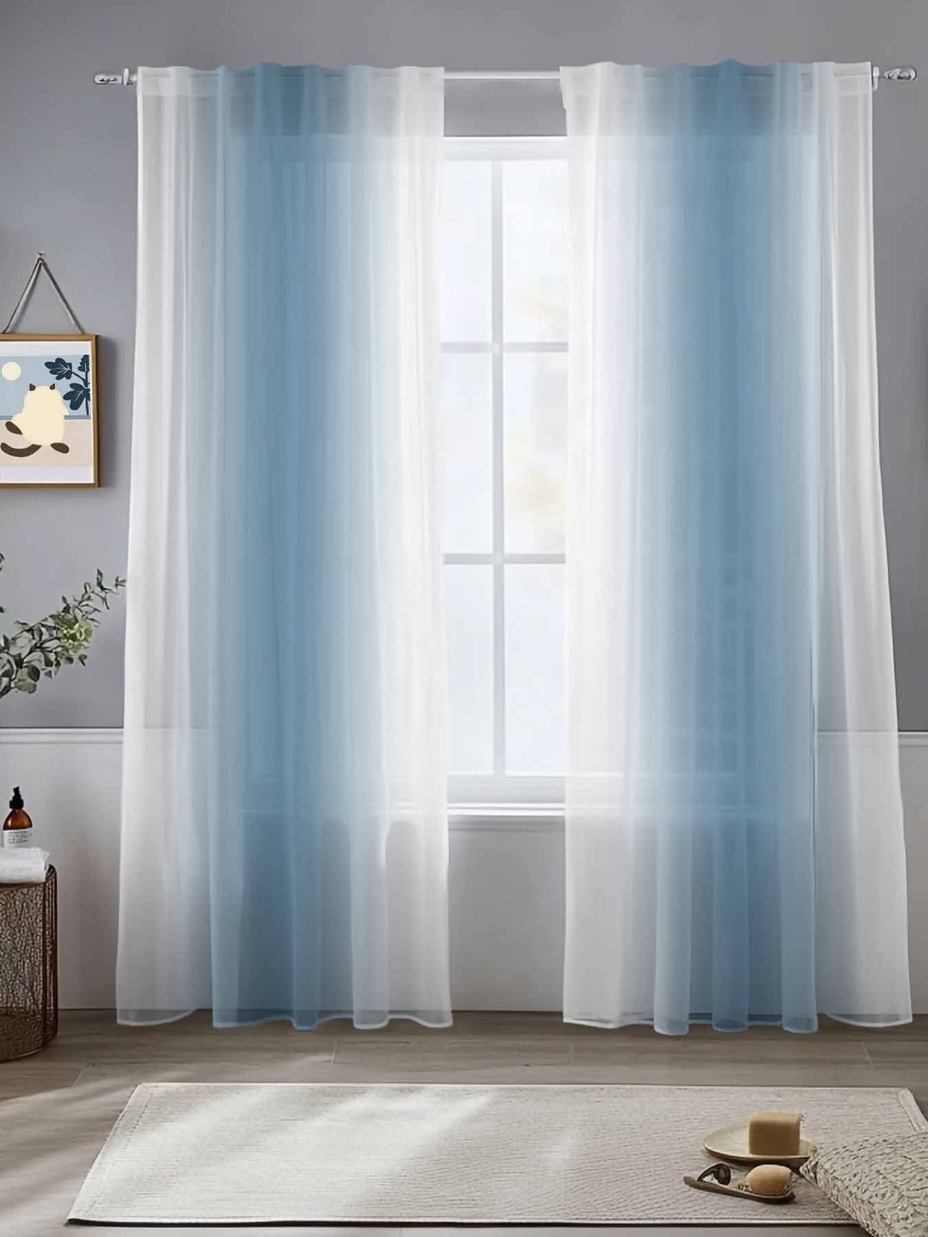 Blue Ombre Sheer Curtains for Living Room Bedroom Farmhouse Stripes Modern Art Sheer Curtains ...