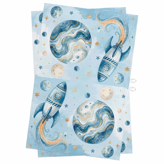 Blue Ombre Space Rocket Kitchen Towels Set of 2, Water Absorbent Dish ...