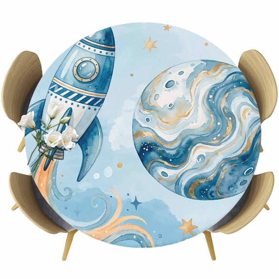 Blue Ombre Space Rocket Round Tablecloth 55-60 Inch Round Fitted Table ...