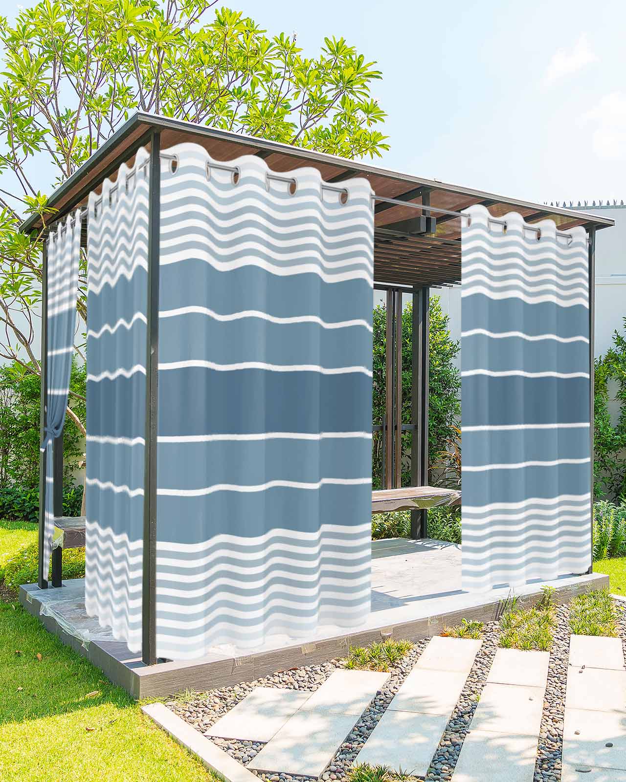 Blue Ombre Stripe Outdoor Curtains for Patio, Farmhouse Striped ...