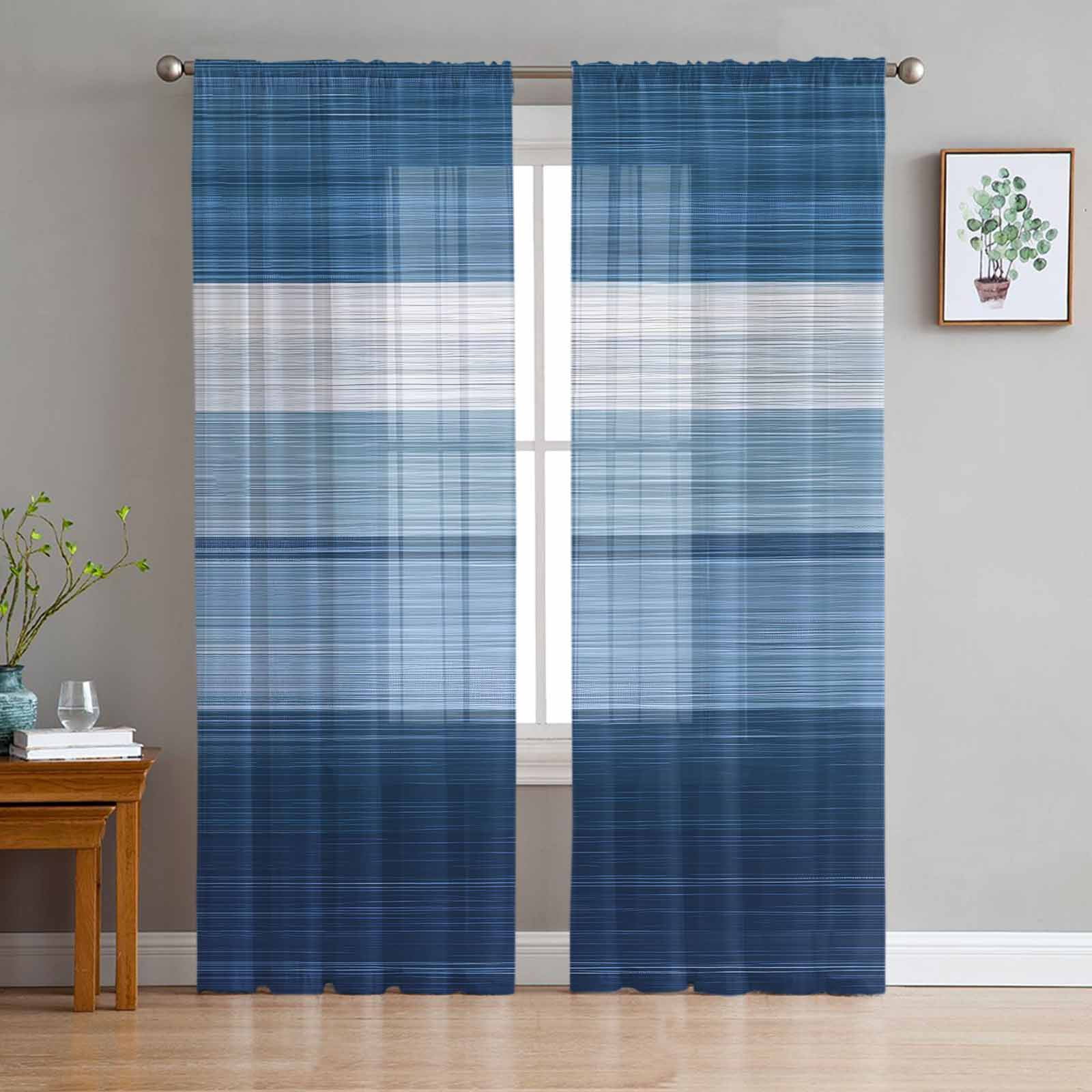 Blue Ombre Stripe Sheer Curtains 72 Inch Length 2 Panels Set for Living ...