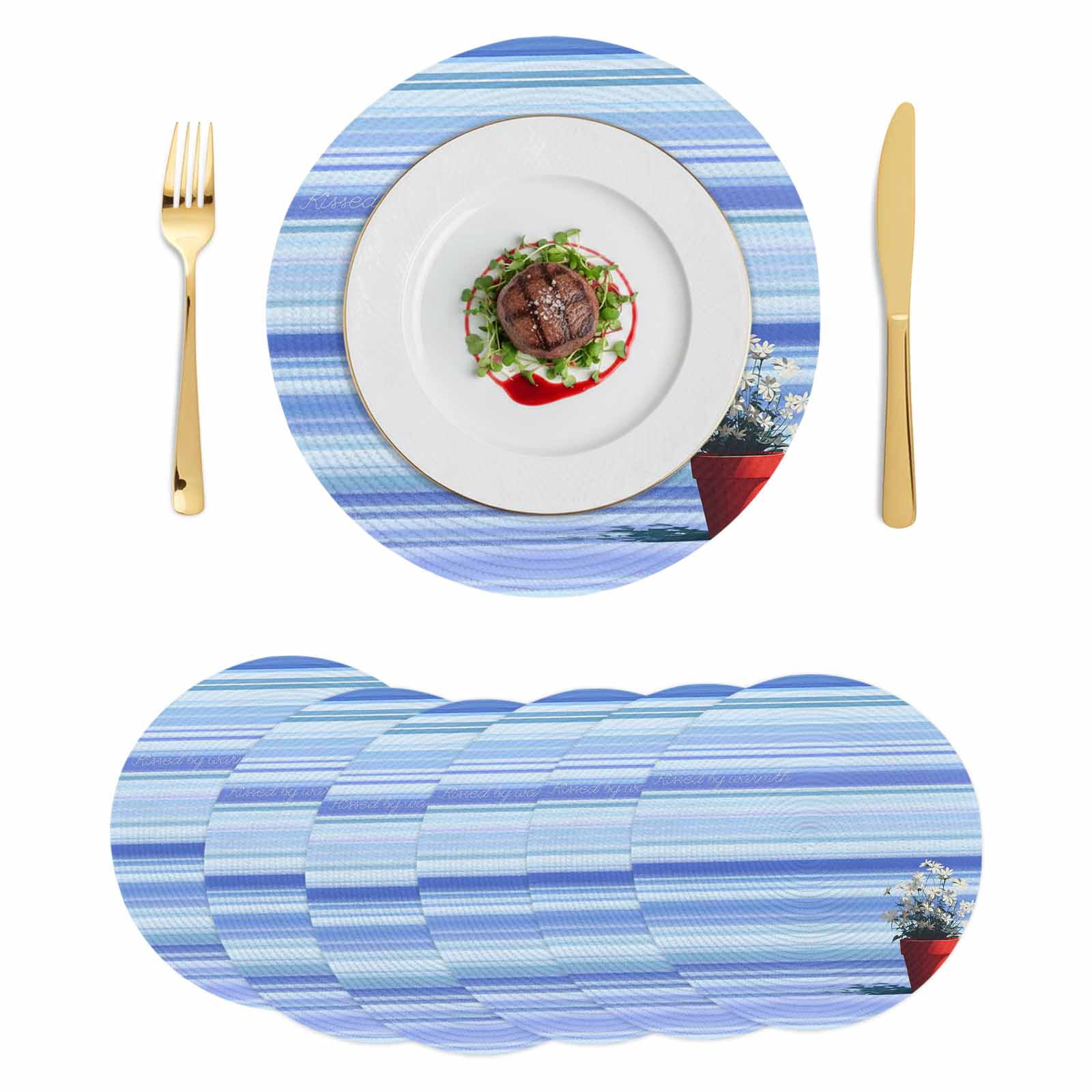 Blue Ombre Striped Daisy Round Placemats Set of 6 Vintage Flowers ...
