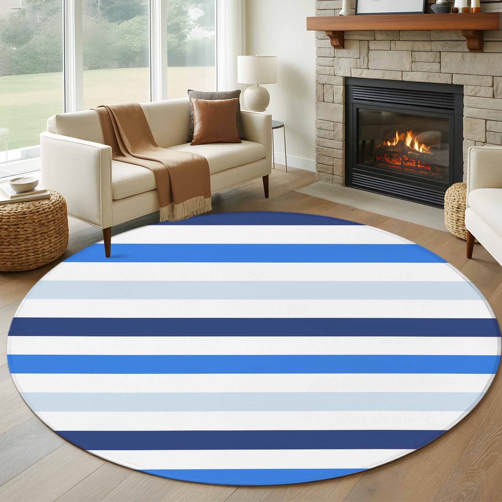 Blue Ombre Striped Round Rug 5ft Washable Circle Kitchen Rugs Non Slip ...