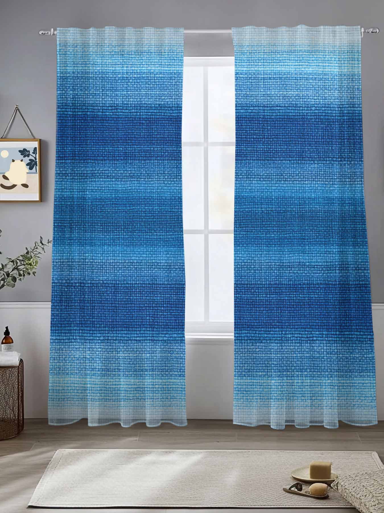 Blue Ombre Stripes Sheer Curtains for Living Room Bedroom Modern ...