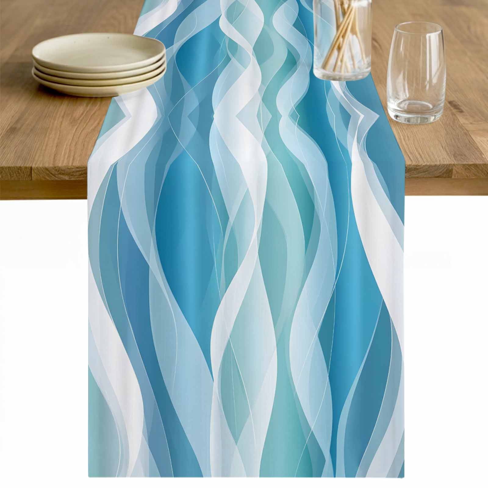 Blue Ombre Table Runner - 108 Inch Long Modern Moire Abstract Art ...