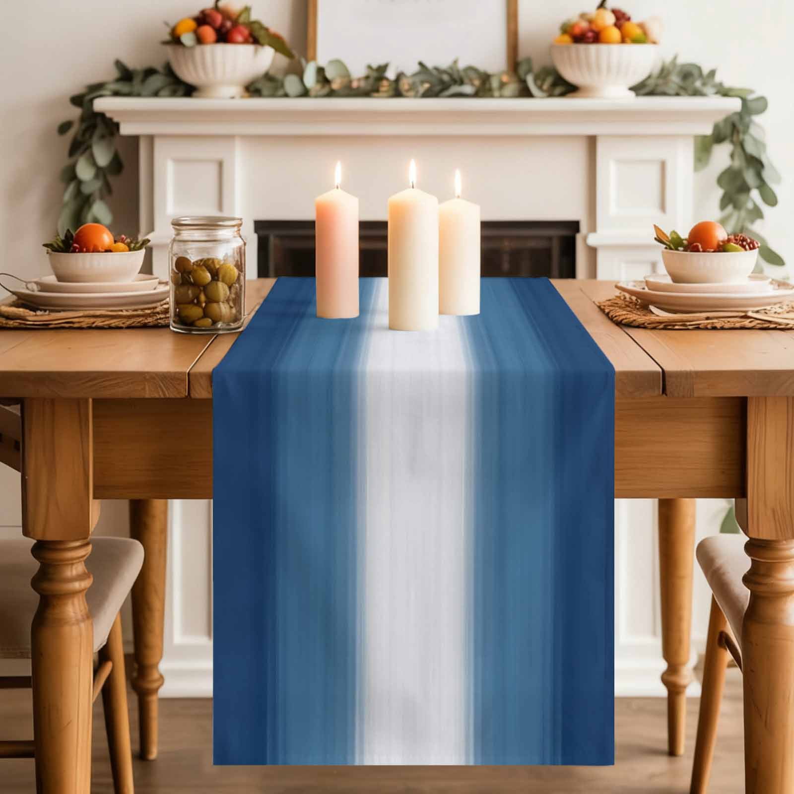 Blue Ombre Table Runner, Abstract Navy Blue Ombre White Stripes Modern ...