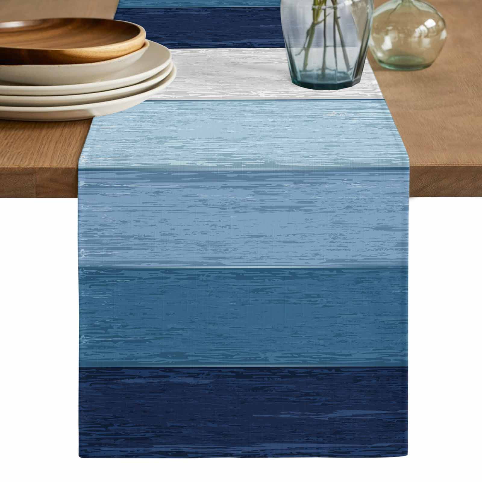 Blue Ombre Table Runner, Farmhouse Vintage Wooden Striped Washable ...