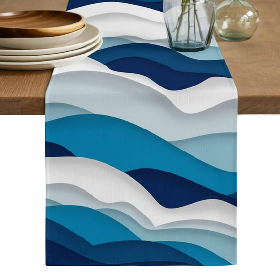 Blue Ombre Table Runner, Modern Geometric Abstract Art Moire Washable ...