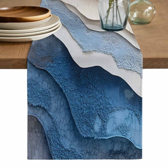 Blue Ombre Table Runner, Modern Wave Abstract Art Washable Cotton Linen ...