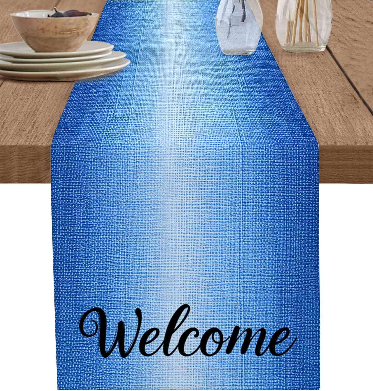 Blue Ombre Table Runner, Washable Cotton Linen Table Runners 108 Inches ...