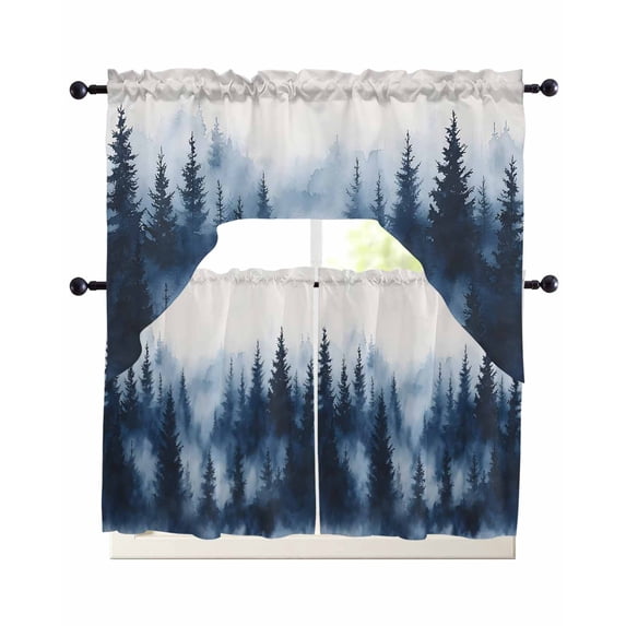 Blue Ombre Tree Kitchen Curtains Set for Windows 3 Piece Cafe Curtains ...