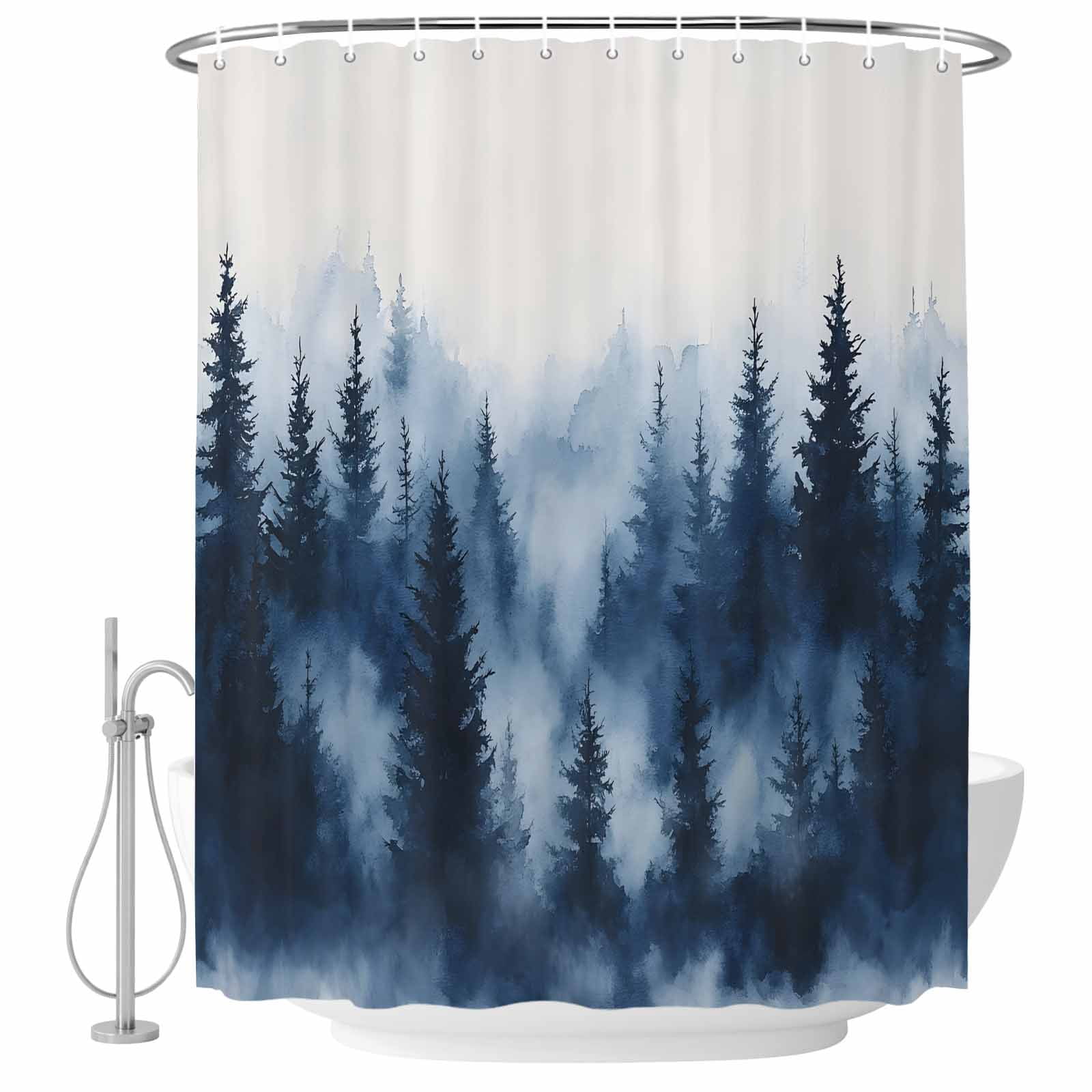 Blue Ombre Tree Shower Curtain Set - 72" x 78" Washable Bathtub Curtain ...