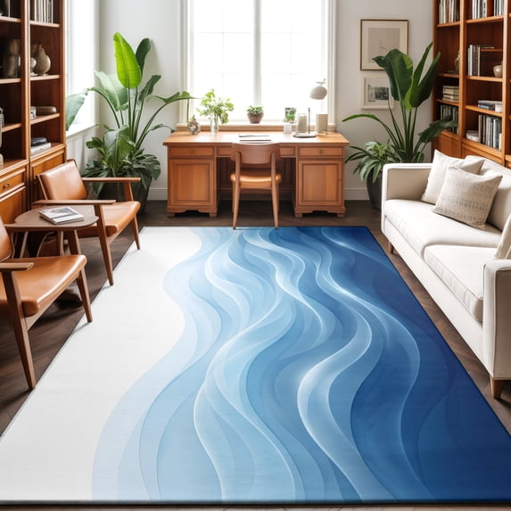 Blue Ombre Washable Area Rug 5 x 7 ft Abstract Modern Gradient Ripple ...