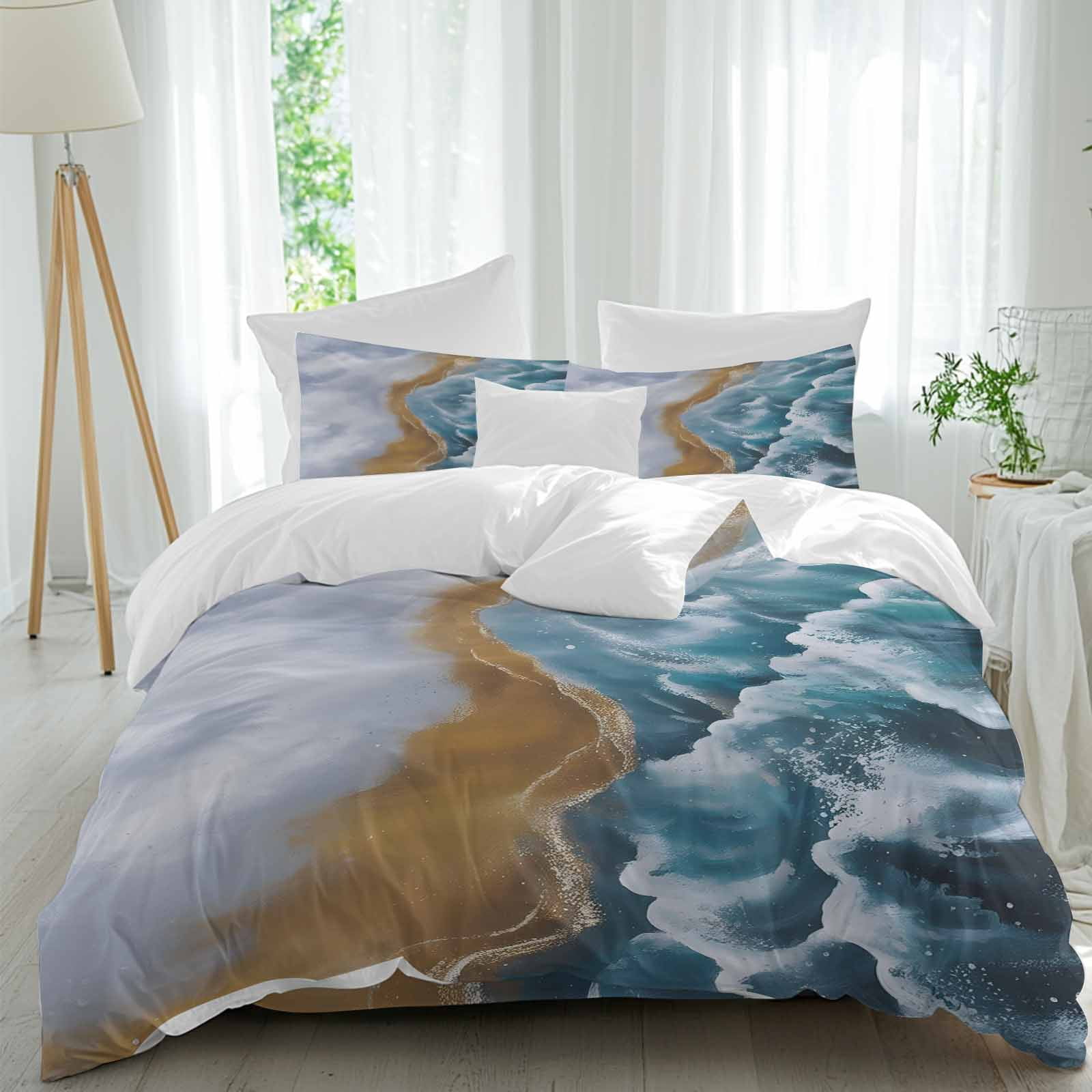 Blue Ombre Waves Full Duvet Cover Set, Abstract Watercolor Ocean ...