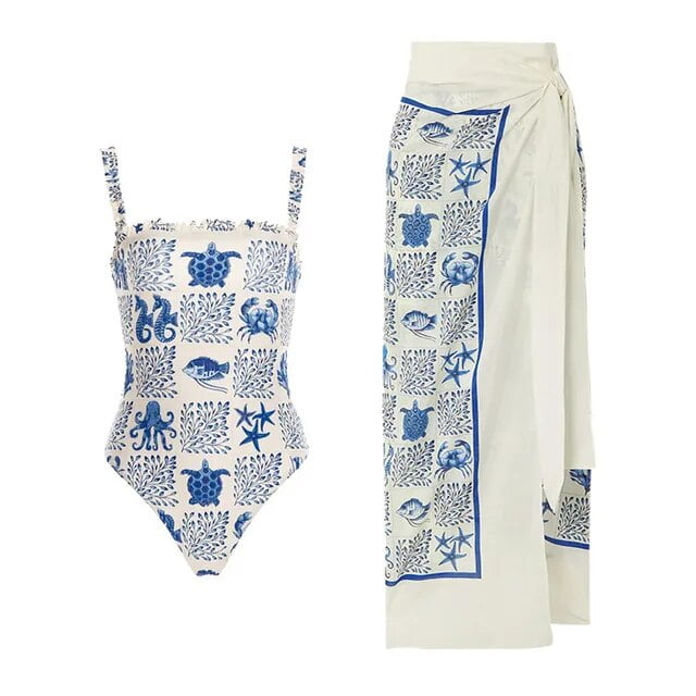 Blue One Shoulder Ruffled Print Floral Swimsuit Set Cover Up Single
