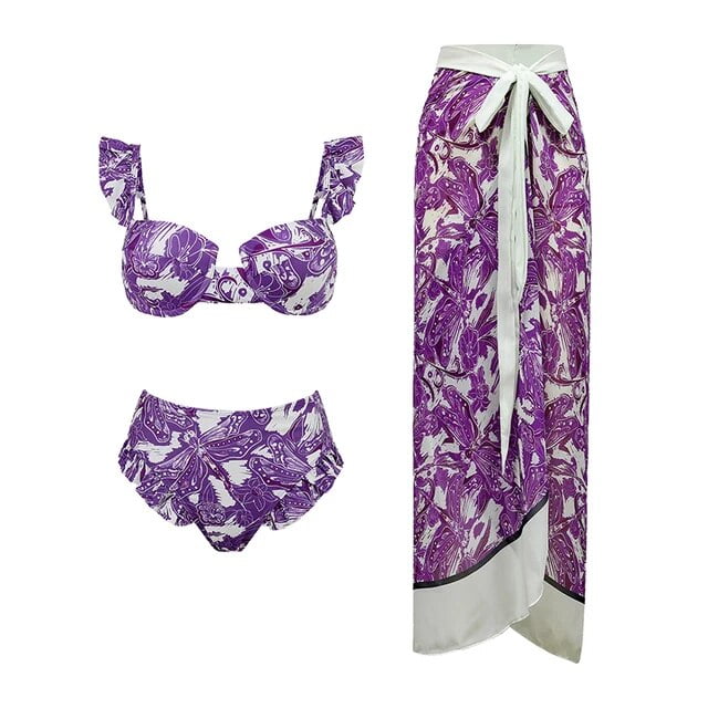Blue One Shoulder Ruffled Print Floral Swimsuit Set Cover Up Single