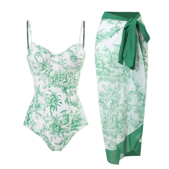 Blue One Shoulder Ruffled Print Floral Swimsuit Set Cover Up Single