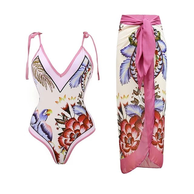 Blue One Shoulder Ruffled Print Floral Swimsuit Set Cover Up Single