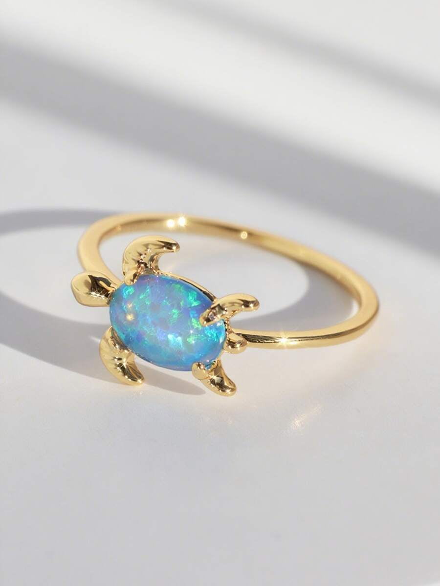 Blue Opal Turtle Charm Ring In Goldtone Metal, Elegant Single Stone ...