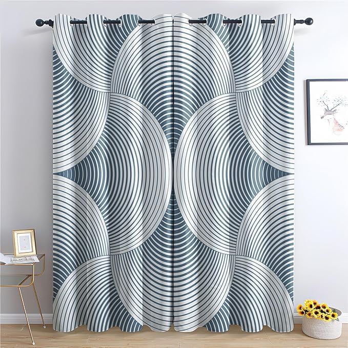 Blue Optical Illusion Curtains Abstract Line Blackout Curtains For ...