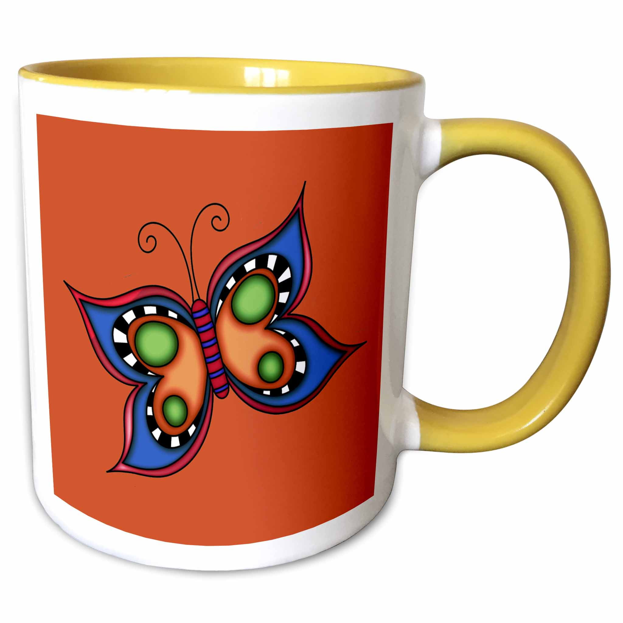 3drose, Blue , Orange, and Green Butterfly, 11oz Two-tone Yellow Mug ...