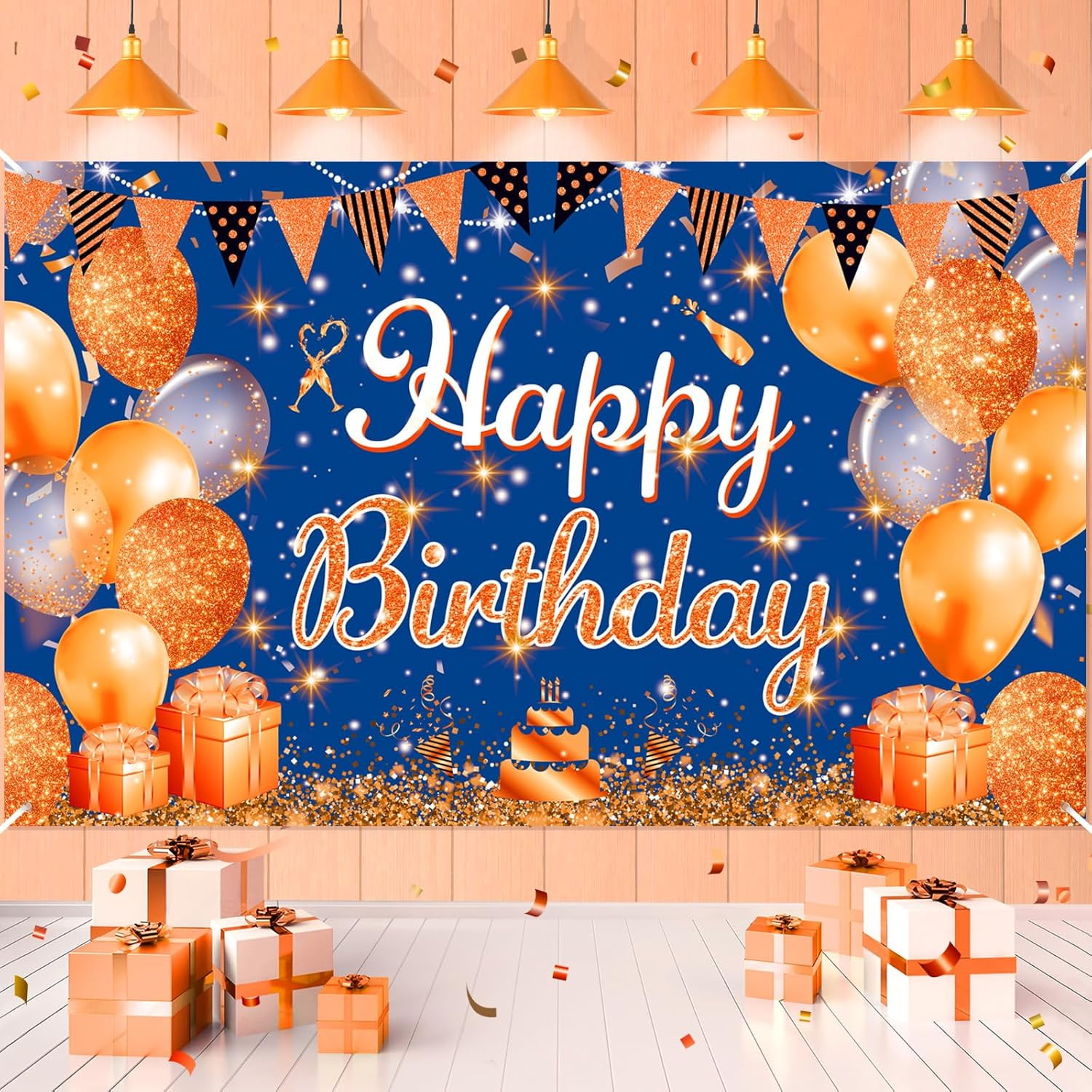 Blue and Orange Birthday Beautiful Backdrop Banner Decorations Large ...
