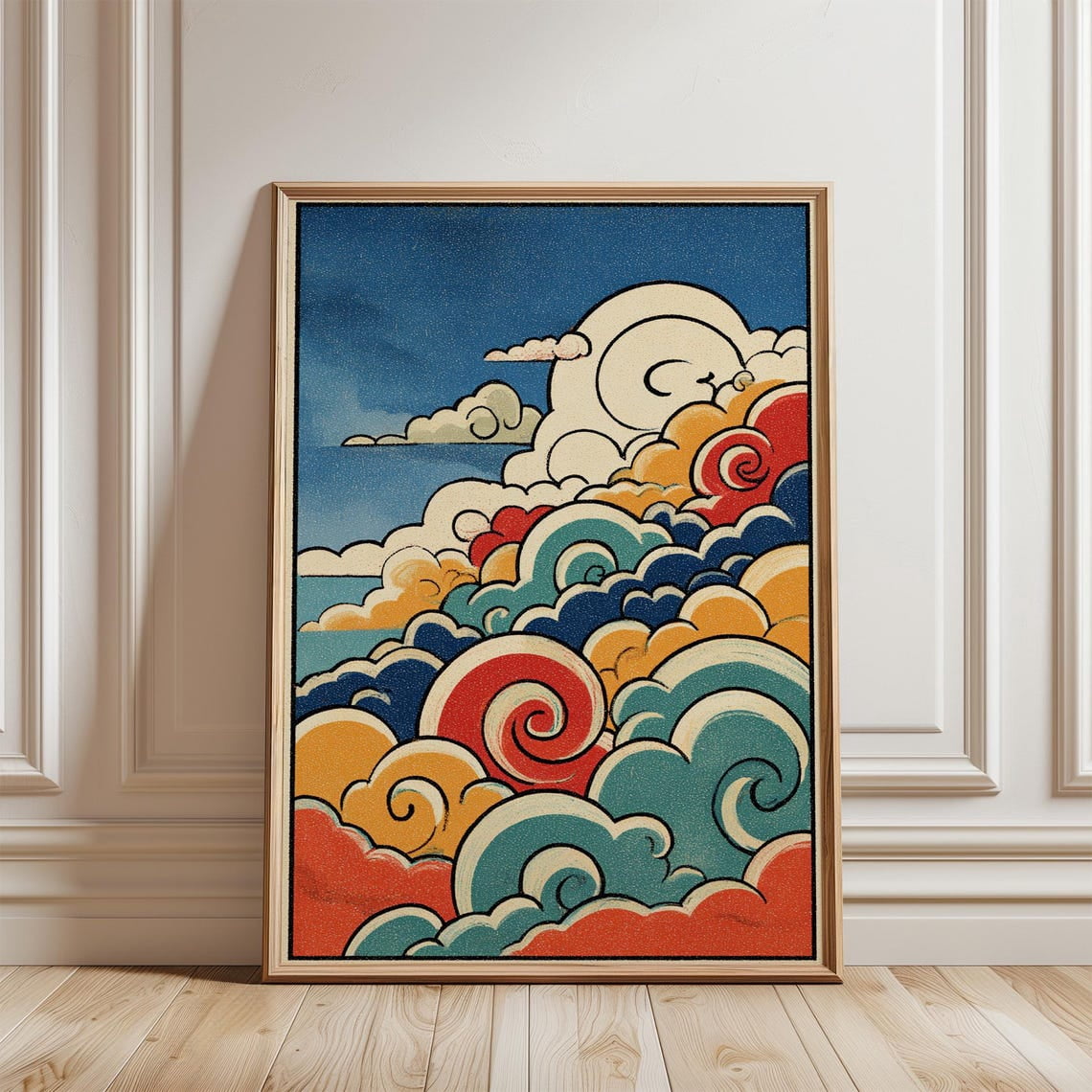 Blue Orange Cloud Poster Stylised Swirling Sky Graphic Folk Wall Art ...