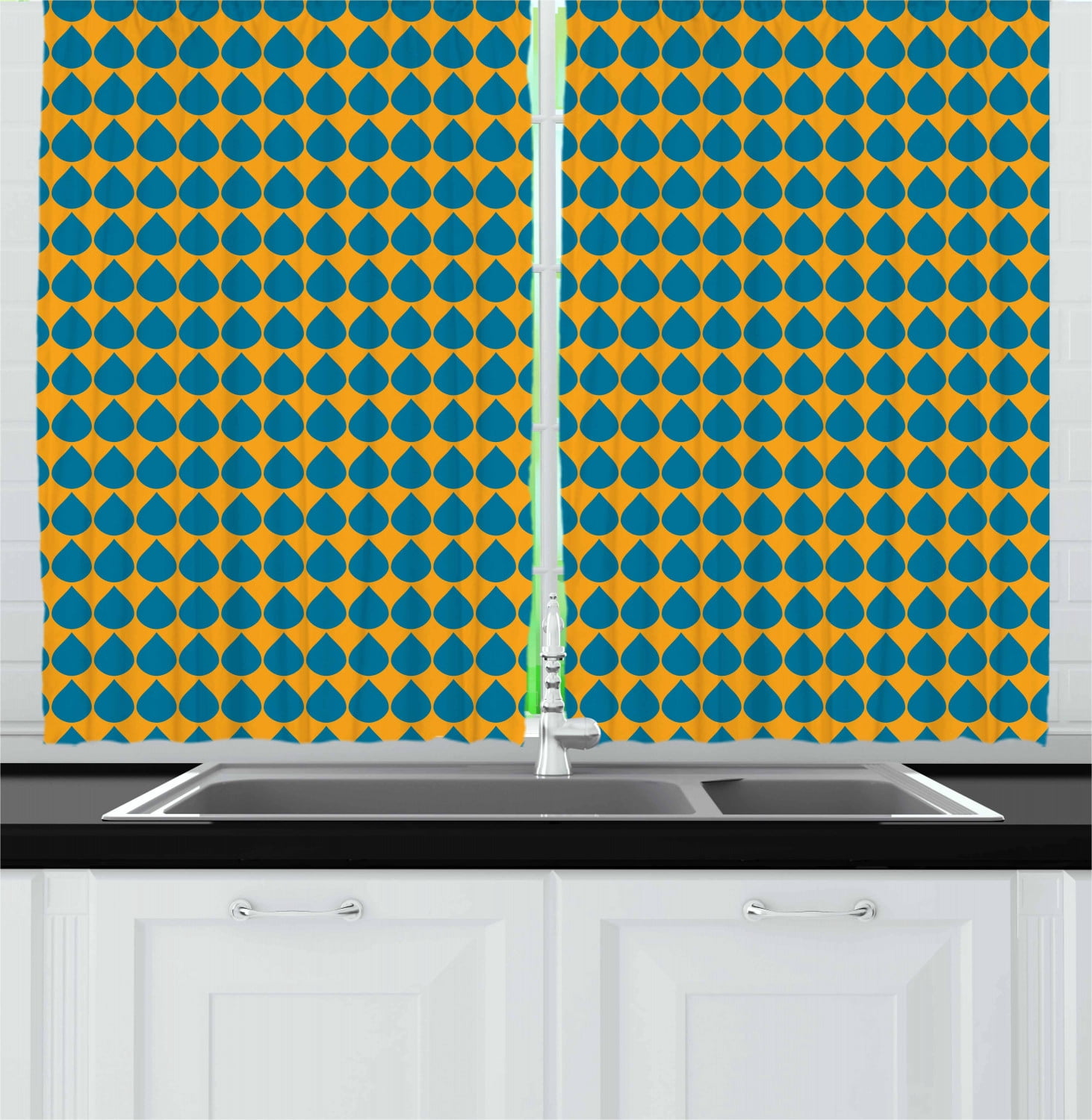 Blue and Orange Curtains 2 Panels Set, Water Droplet Pattern with Warm ...