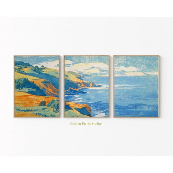 Blue Orange Devon Coast Coastal Landscape Wall Art Vintage Woodcut ...