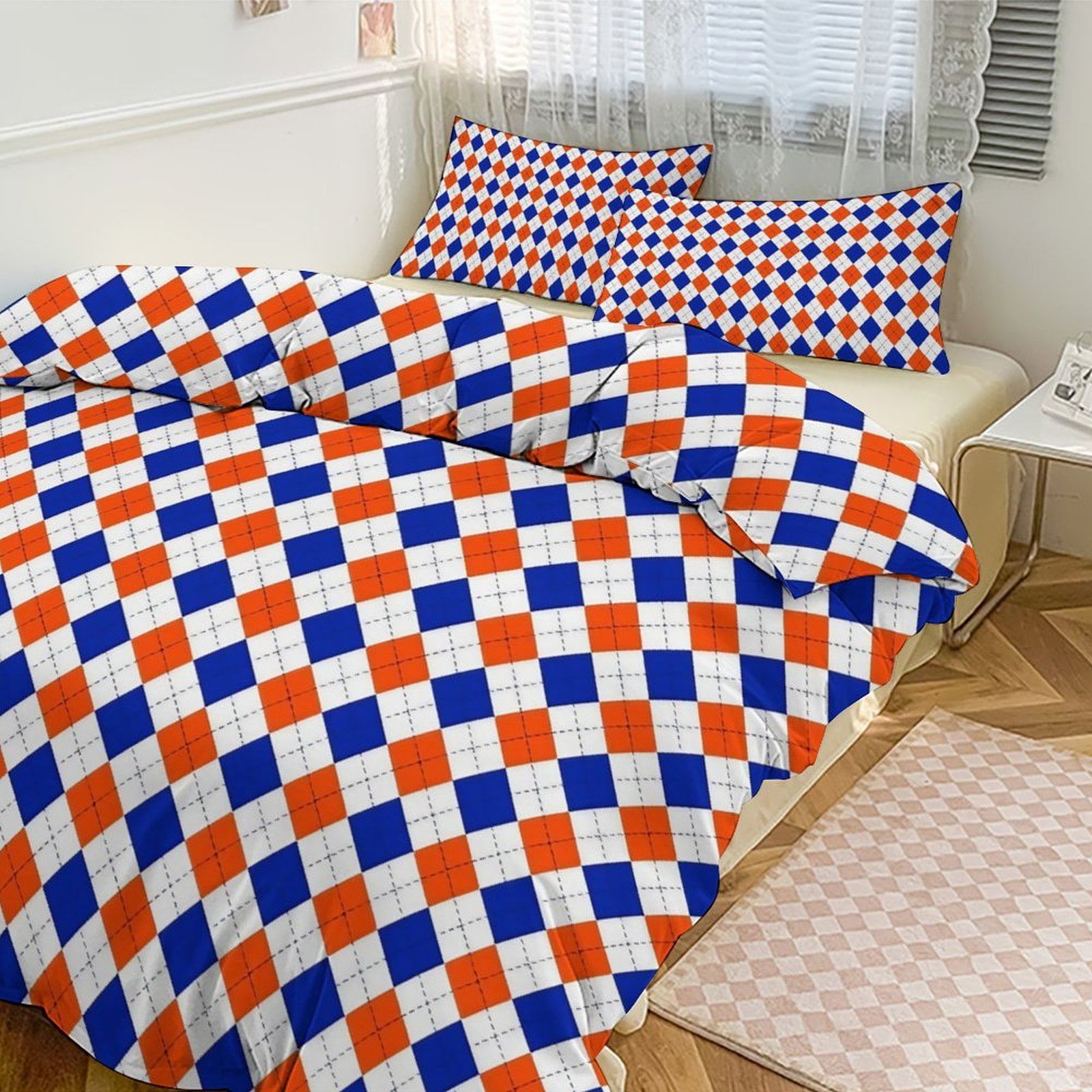 Blue Orange Diamond Pattern 79"x90" 3 Pcs Soft Bedding Set, Includes ...