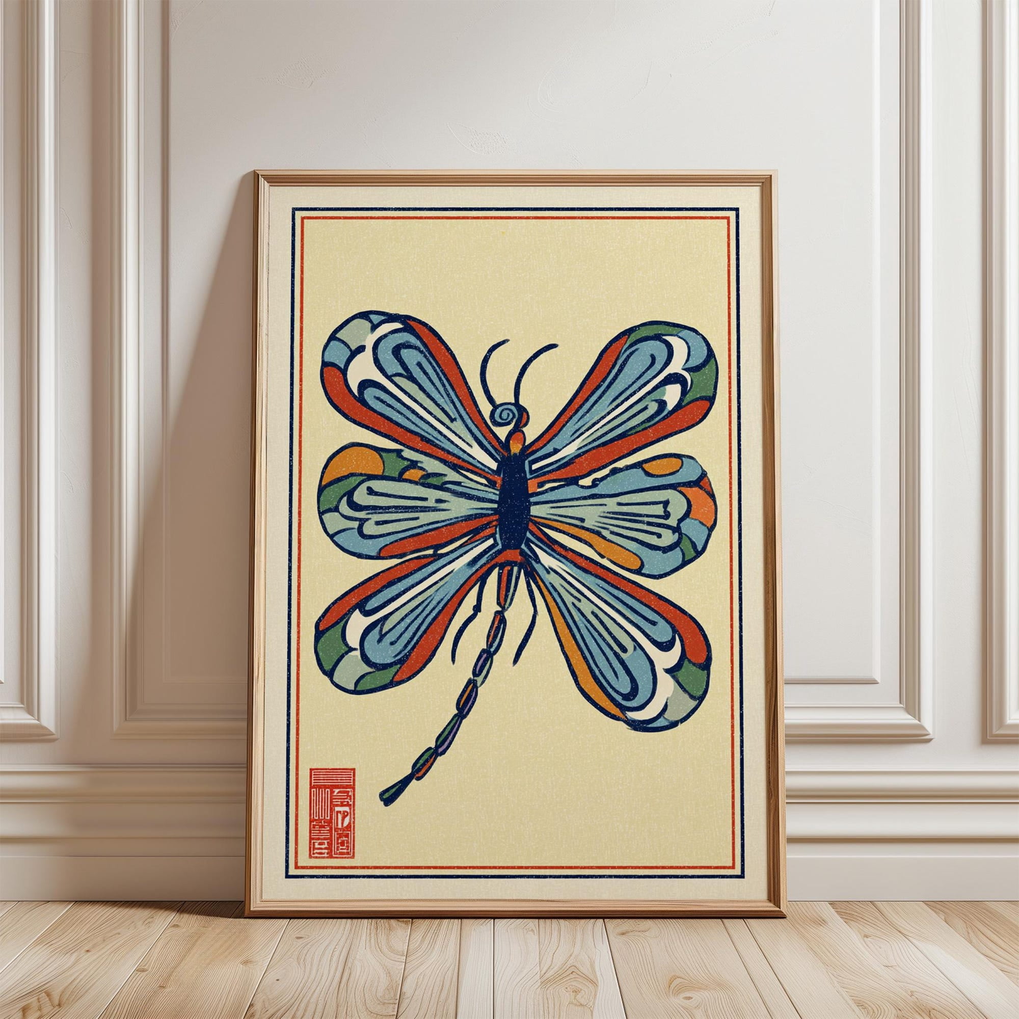 Blue Orange Dragonfly Poster Tribal Folk Insect Illustration Graphic ...