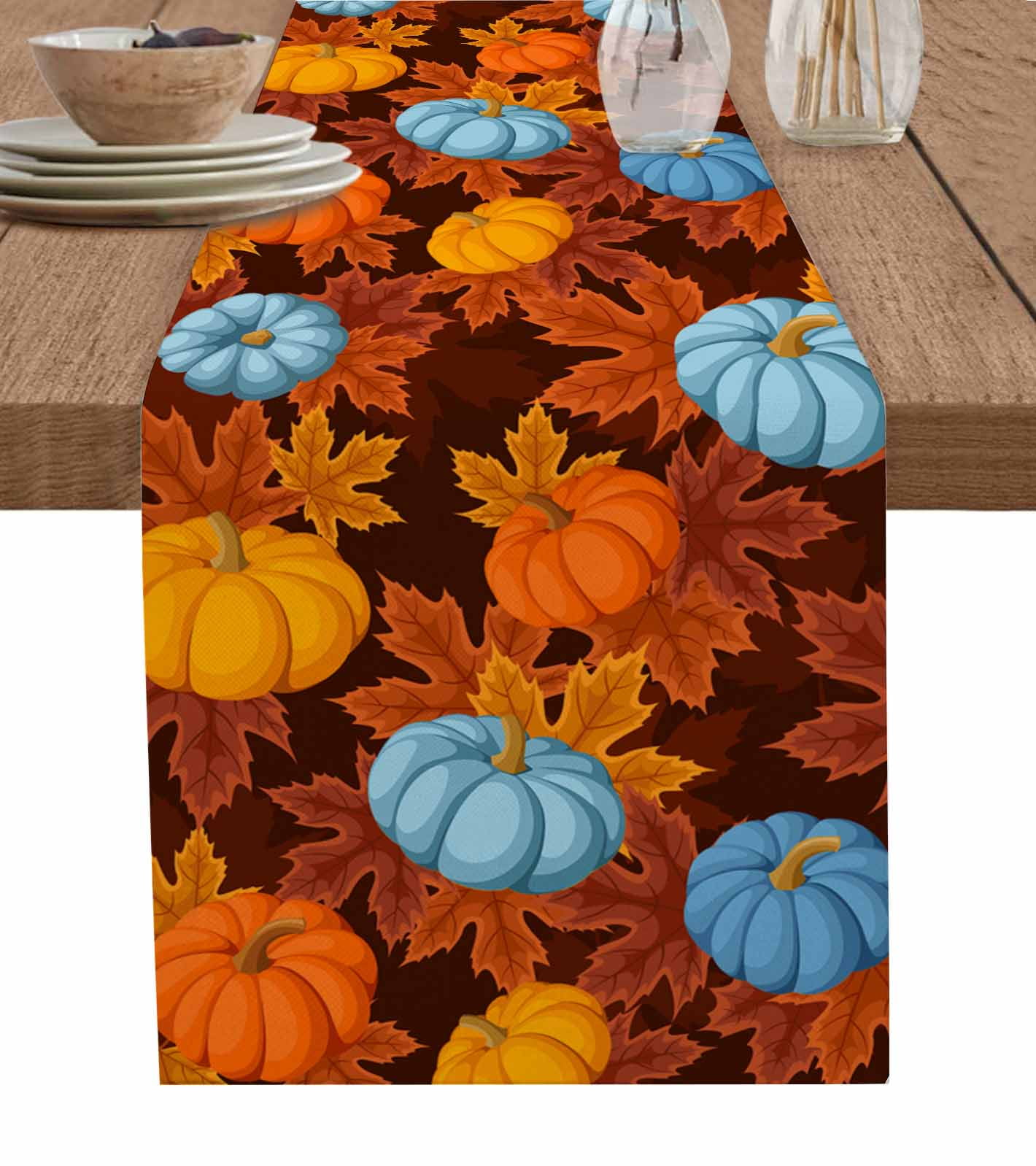 Blue Orange Fall Burlap-Cotton Table Runner 72 Inches Long,Thanksgiving ...